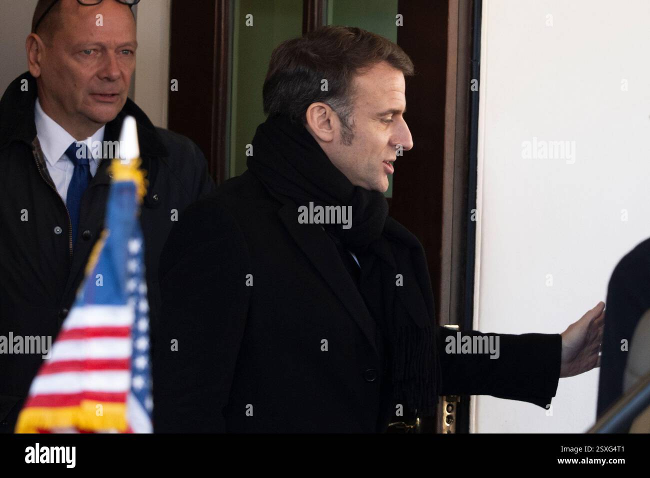 France's President Emmanuel Macron, leaves the White House, Monday, Feb ...