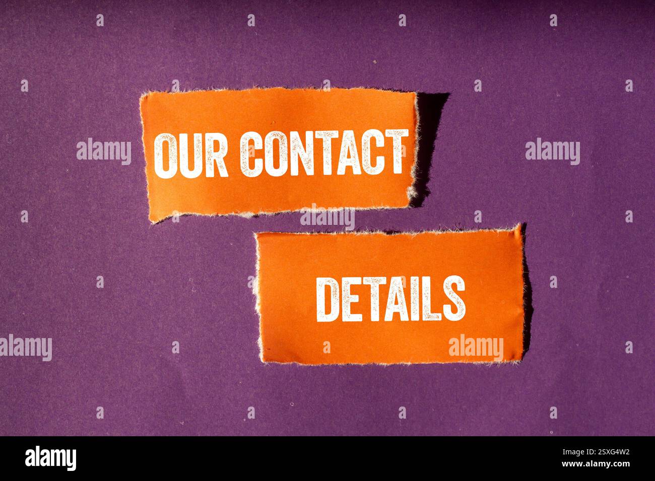 Our contact details message written on ripped torn orange paper pieces on purple background ...