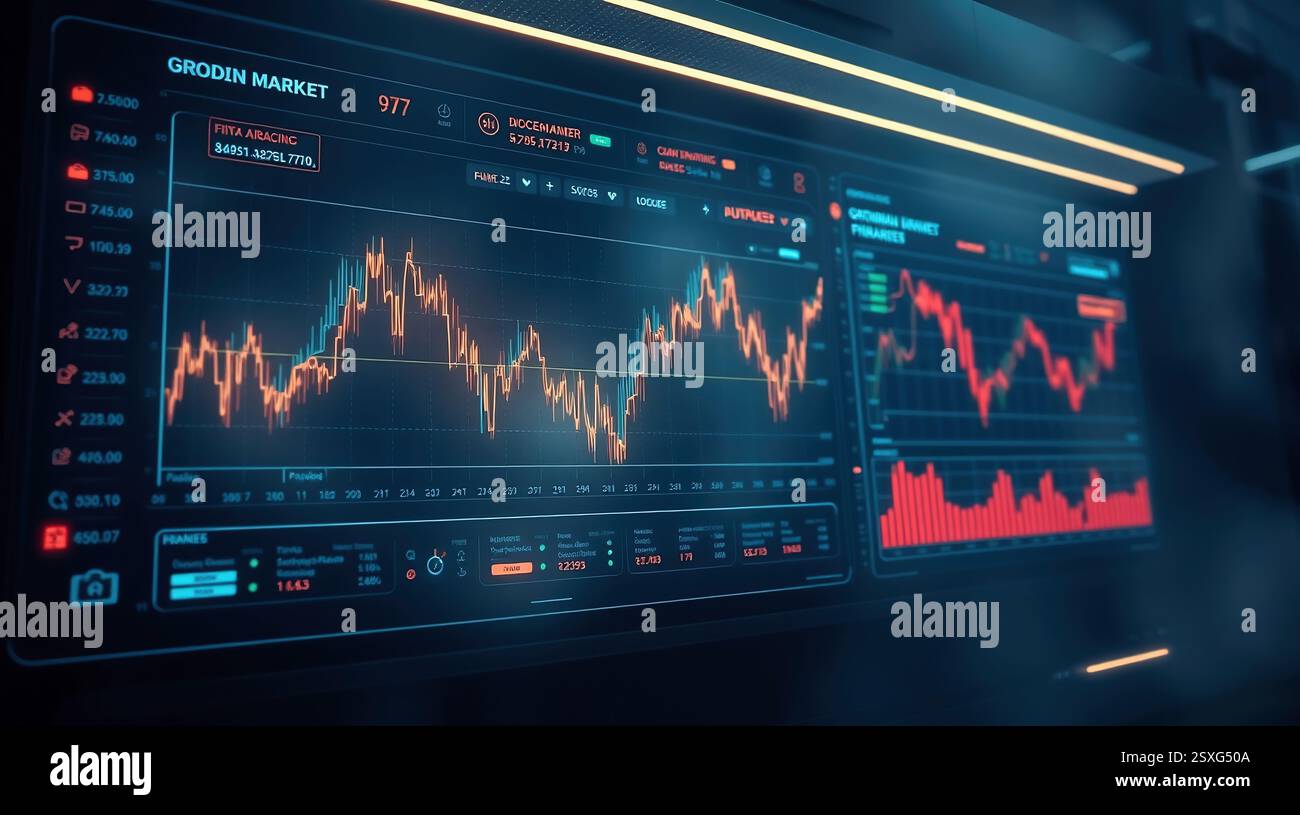 Futuristic data analysis interface with a curved digital display showing financial charts ...