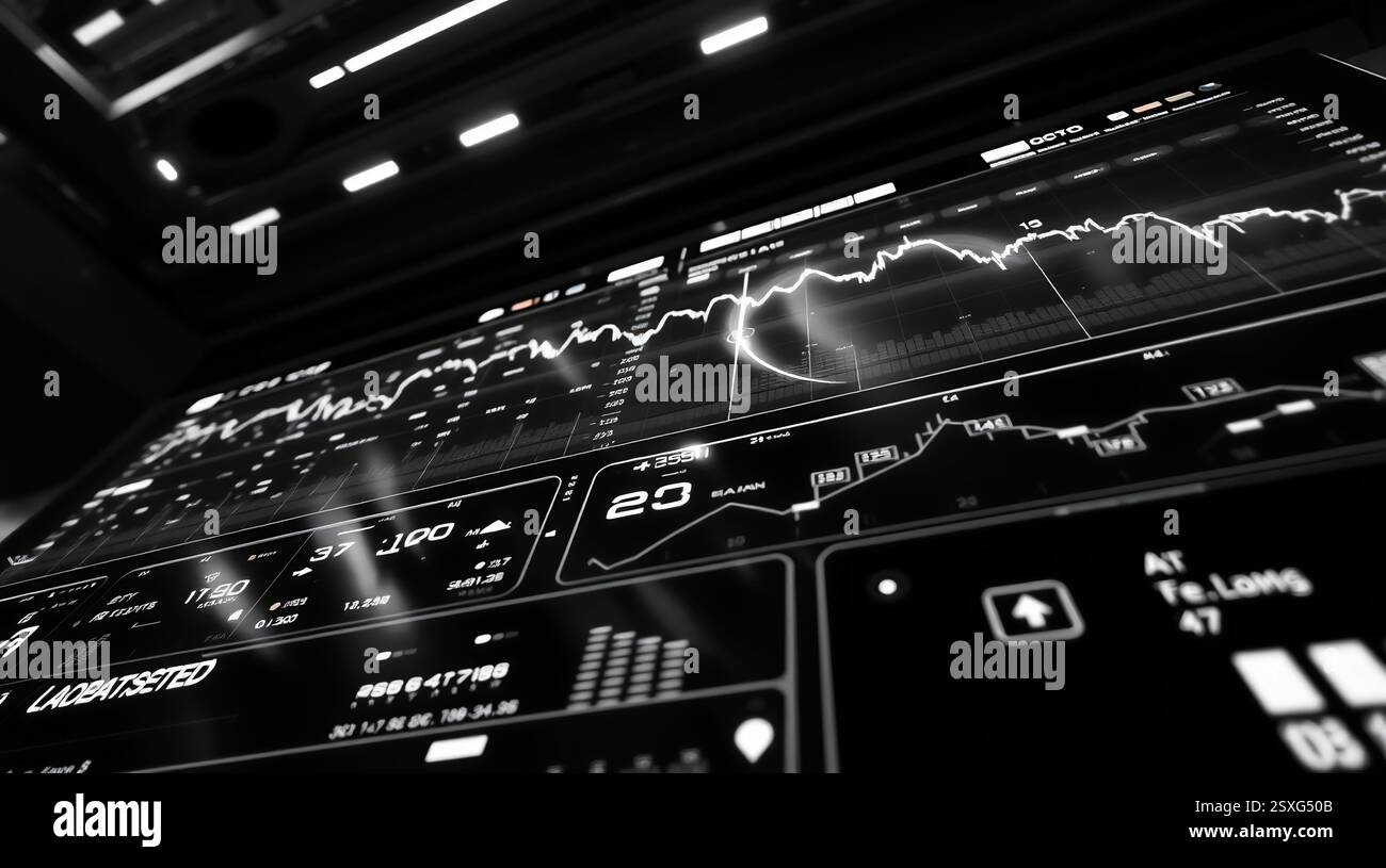 Futuristic data analysis interface with a curved digital display showing financial charts ...
