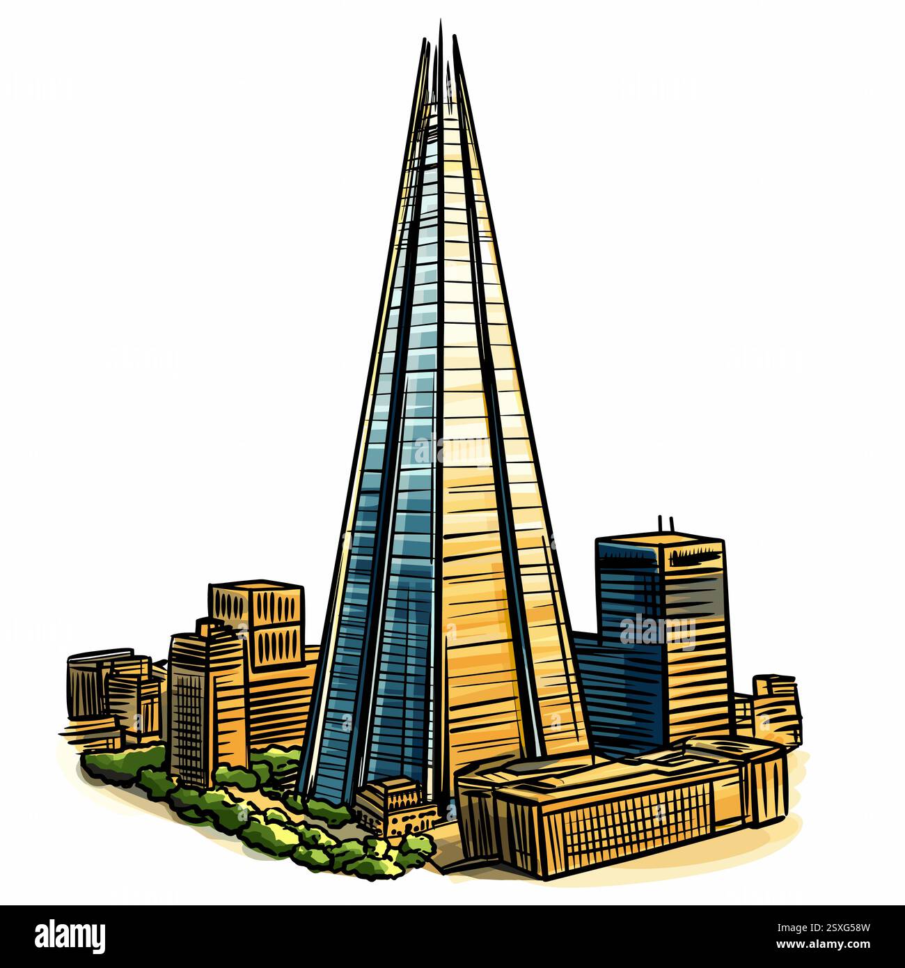 The Shard skyscraper in London. Vector comic hand-drawn illustration of ...