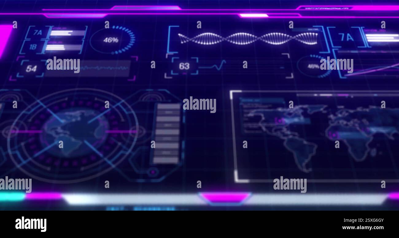 Image of globe and world map over science data processing Stock Photo ...