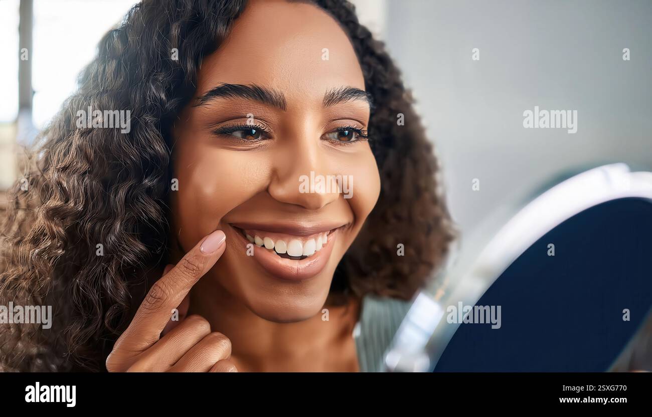 Patient admires her shining smile while pointing at her teeth in a well ...