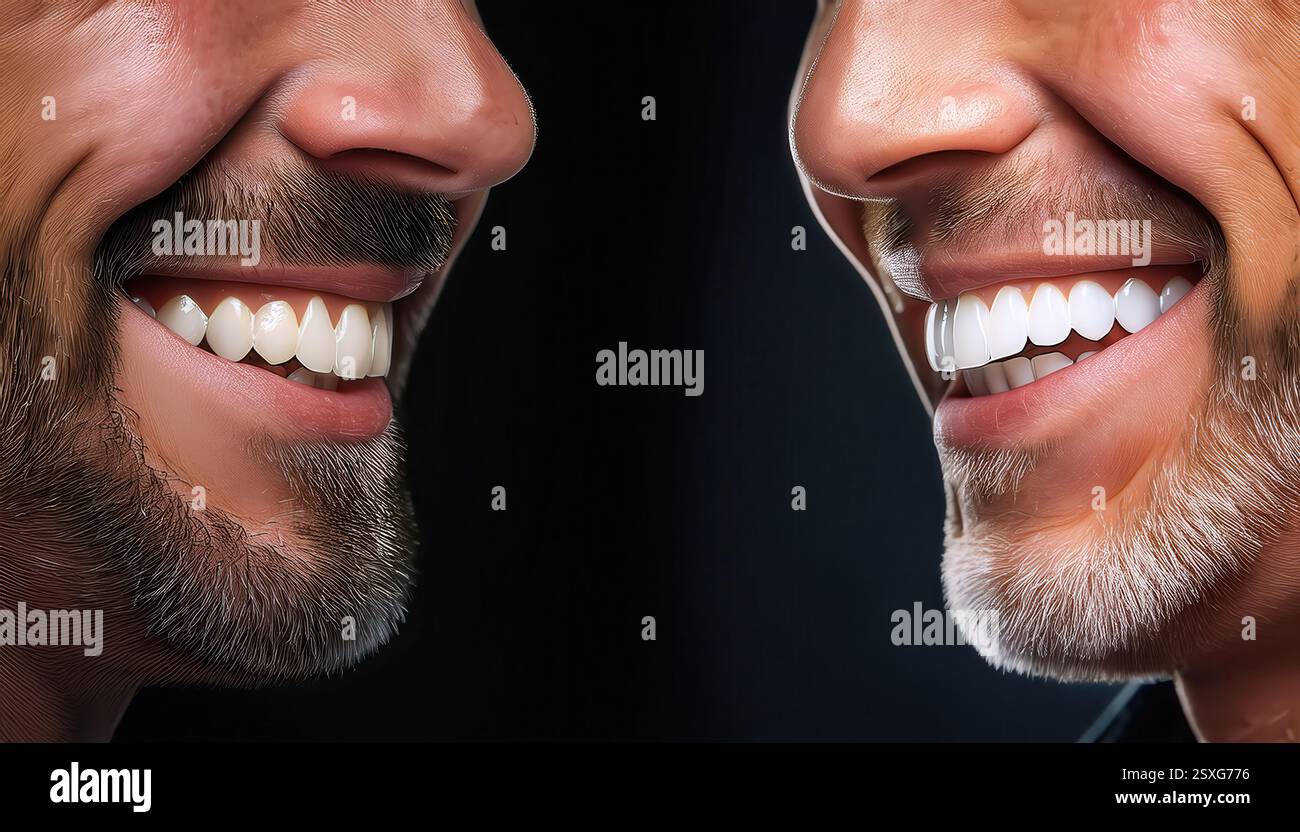 Two men are smiling brightly, highlighting their healthy teeth in a ...