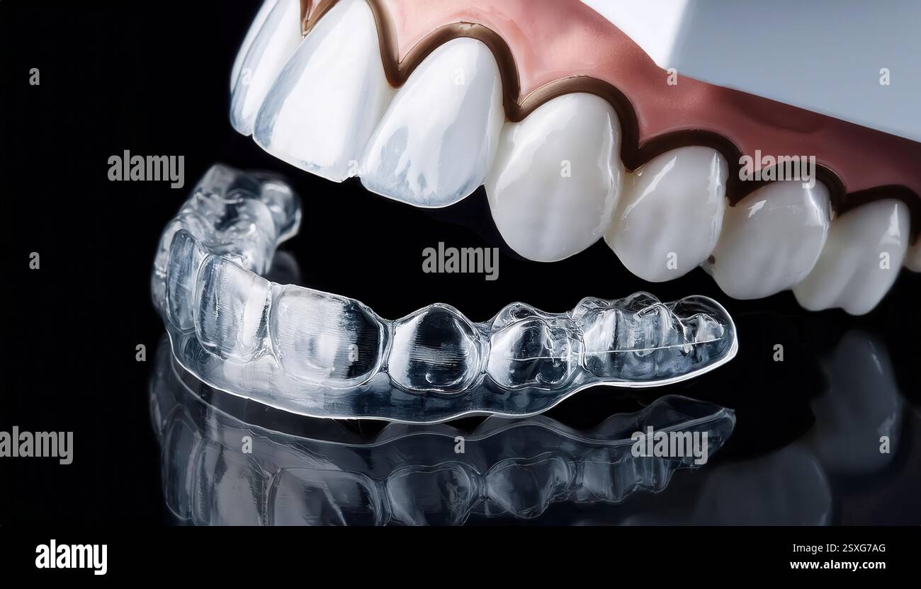 A dental model shows aligned teeth alongside clear aligners ...