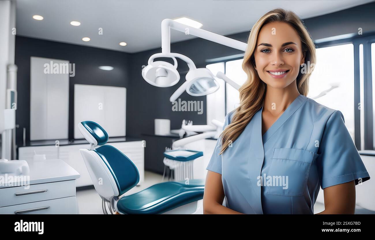 A friendly dental professional in a modern clinic creates an inviting ...