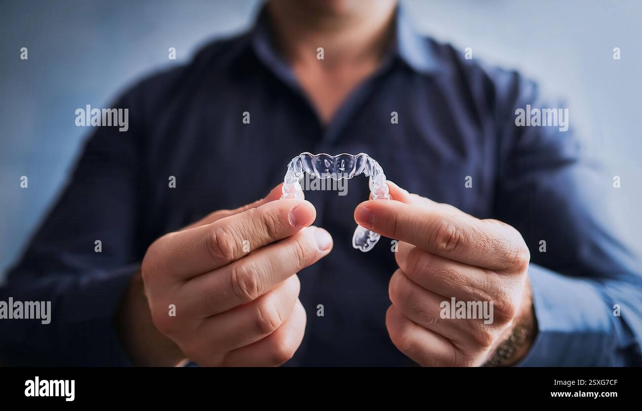 A dental professional demonstrates a clear aligner for improving teeth ...