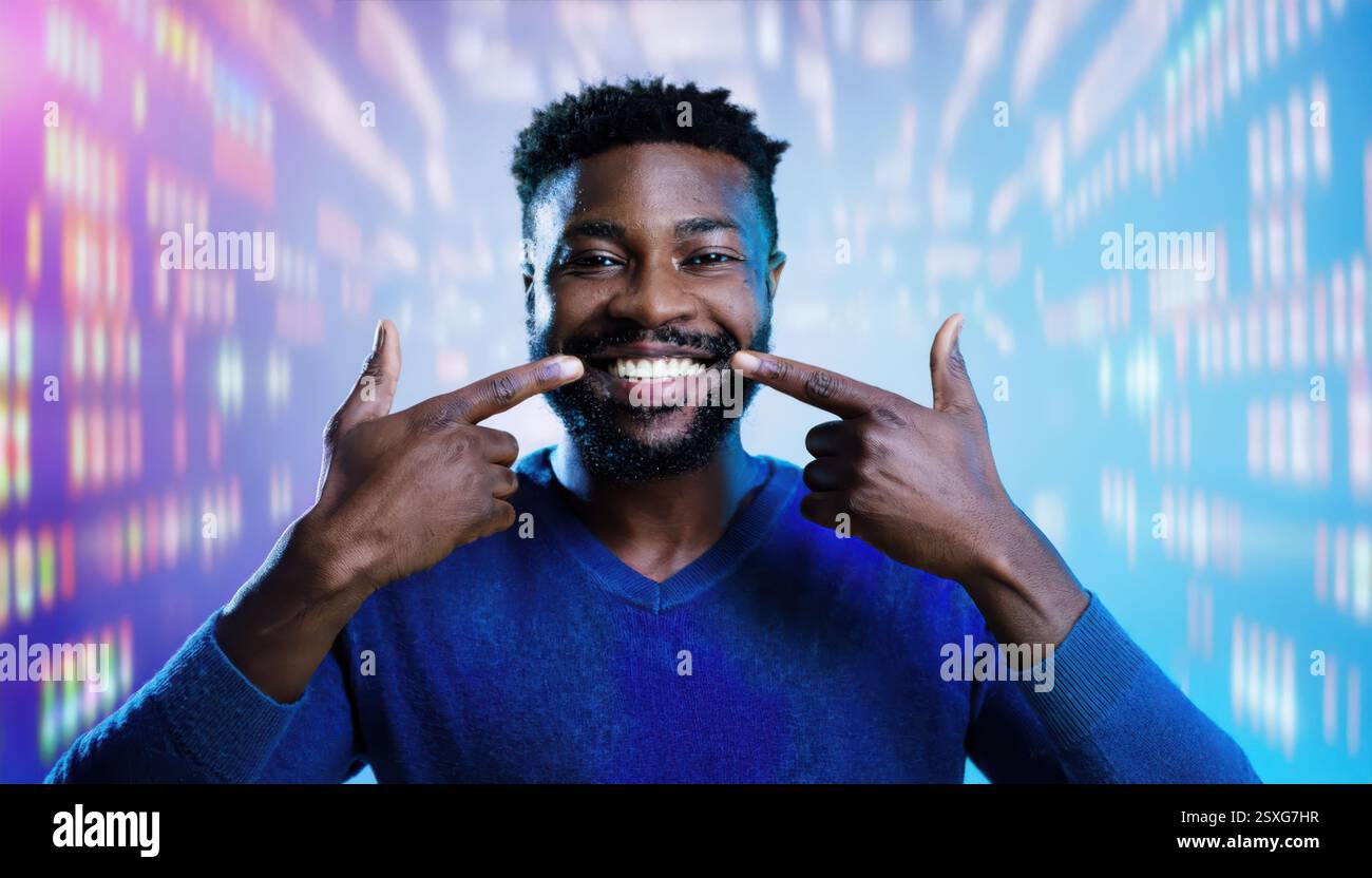 A joyful person displays an impressive smile, emphasizing dental ...