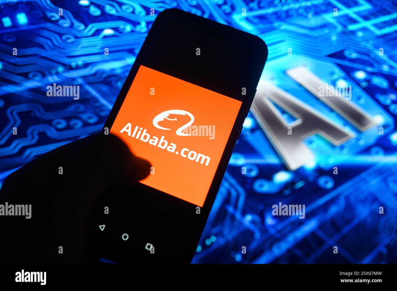 In this photo illustration, an Alibaba.com logo is displayed on a ...