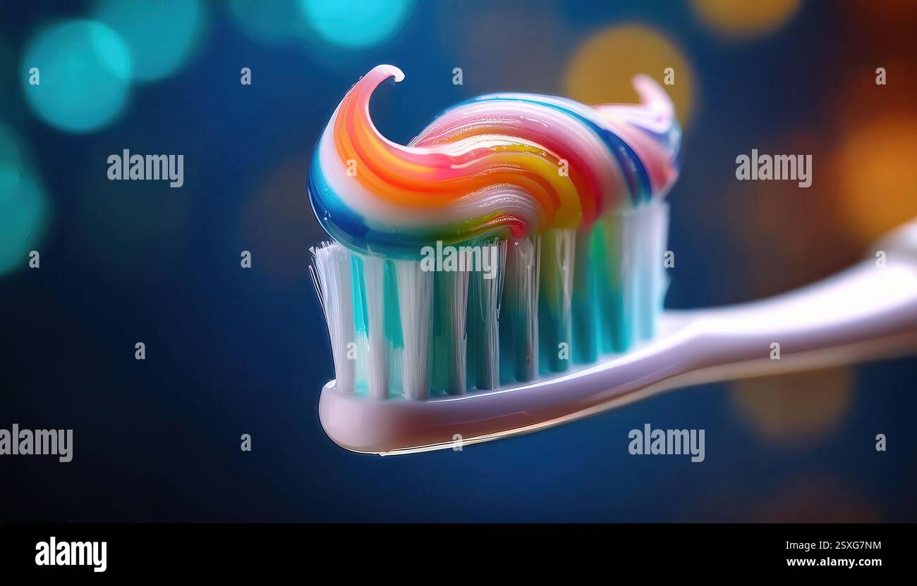 A vibrant toothbrush holds a swirl of rainbow toothpaste, inviting users to enjoy dental hygiene ...