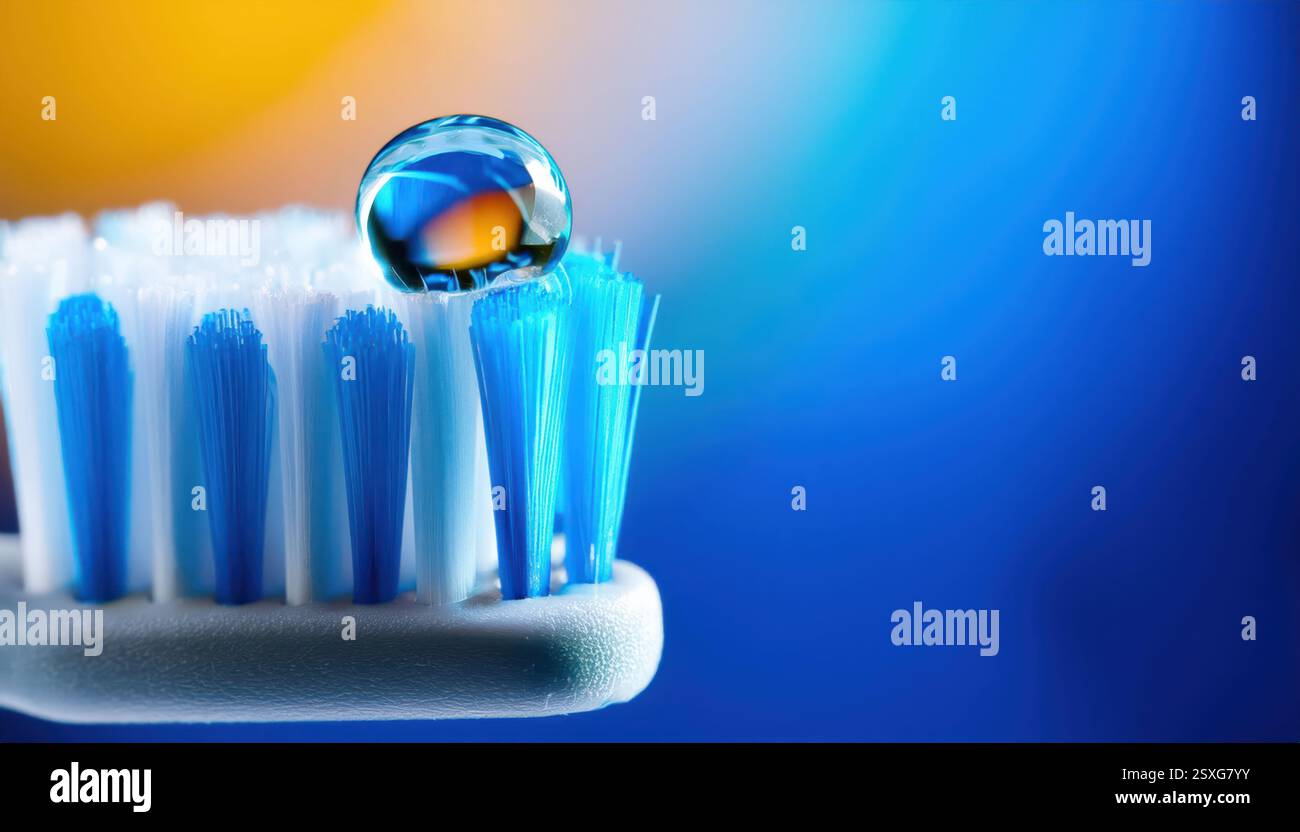 A close up shows a blue bristled toothbrush with a bright droplet ...