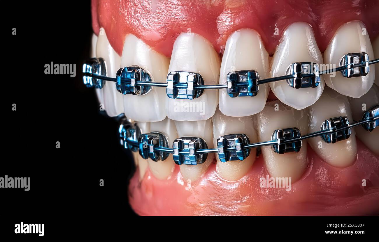 Detailed view of braces affixed to a dental model, displaying the ...