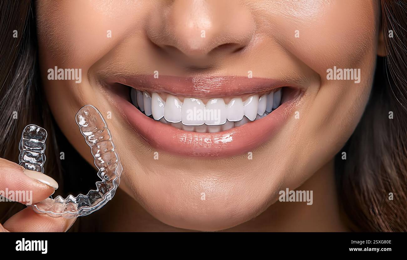 Patient holds clear aligner while proudly exhibiting radiant smile with ...