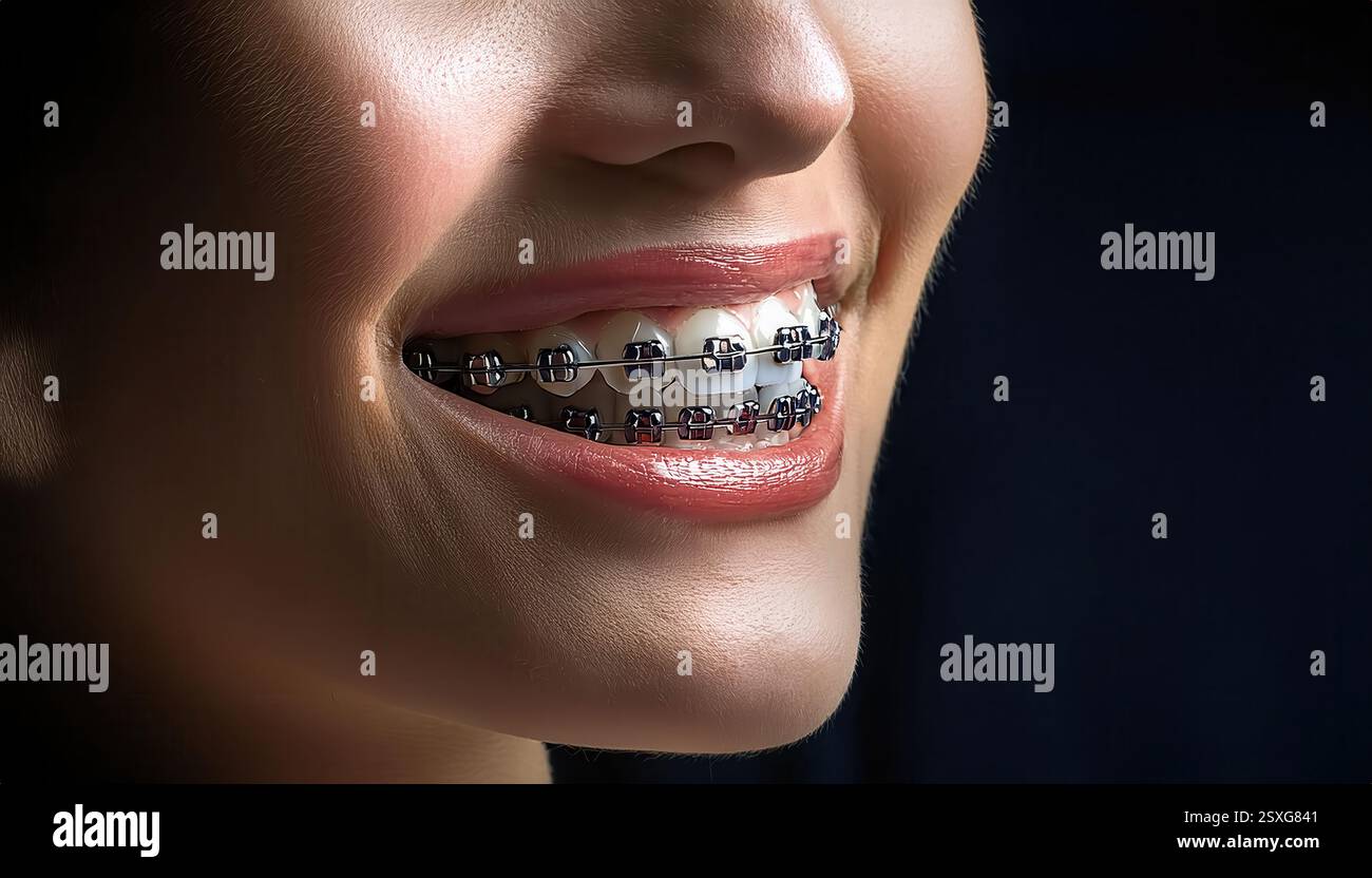 A person reveals a bright smile with metal braces, highlighting dental ...