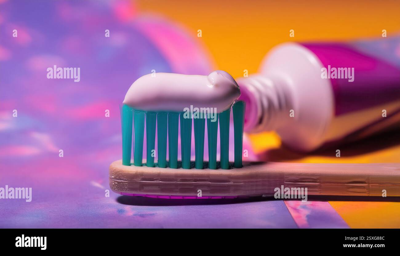 Brightly colored toothbrush topped with toothpaste highlights the ...