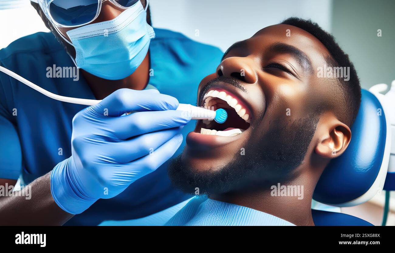 Patient enjoys a dental checkup while professional conducts a thorough examination with care ...