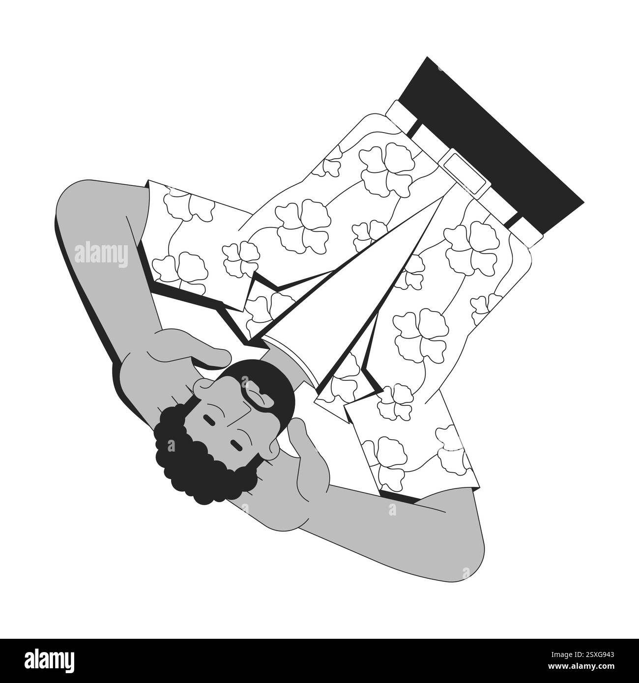 African american bearded man in floral hawaiian shirt relaxing black and white 2D line character ...