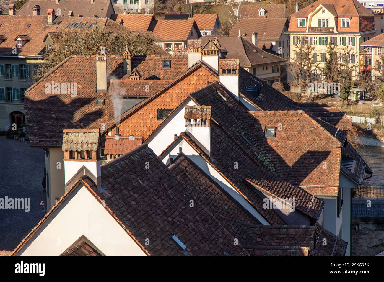 Switzerland, Bern cityscape, modern and traditional architecture, red ...