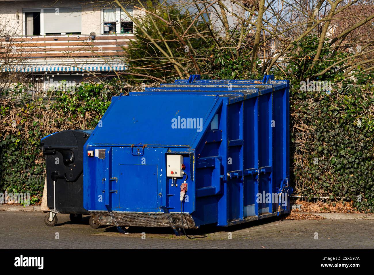 A blue dumpster stands beside a black waste bin in a residential ...