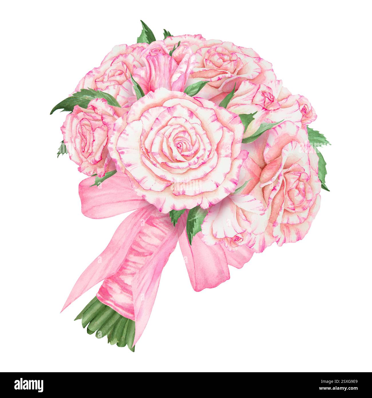 Bridal bouquet of pink roses tied with a bow and decorated with ...
