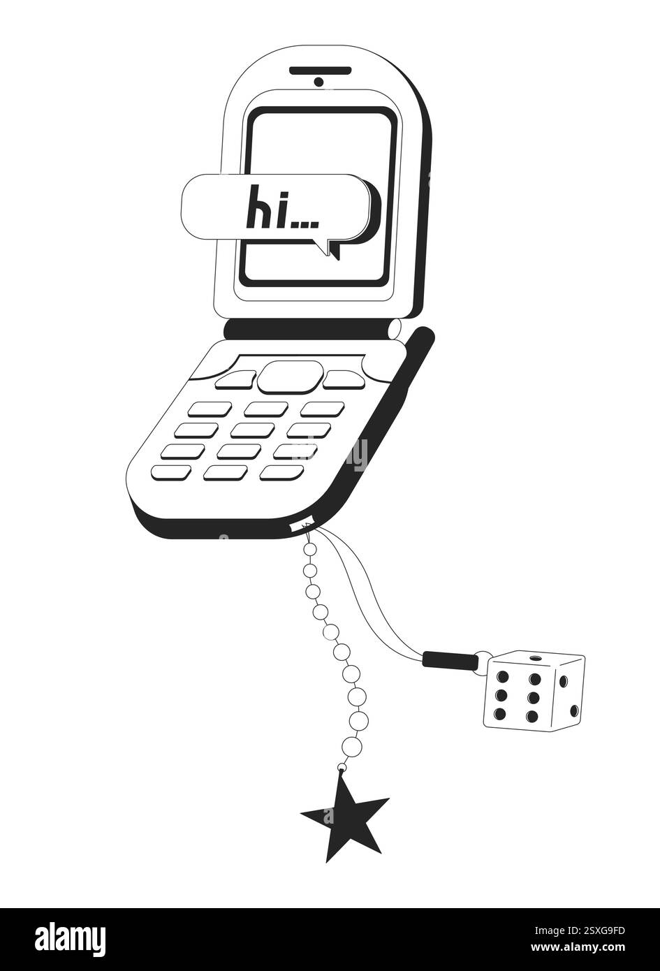 Retro flip phone with charms and text message linear illustration Stock ...