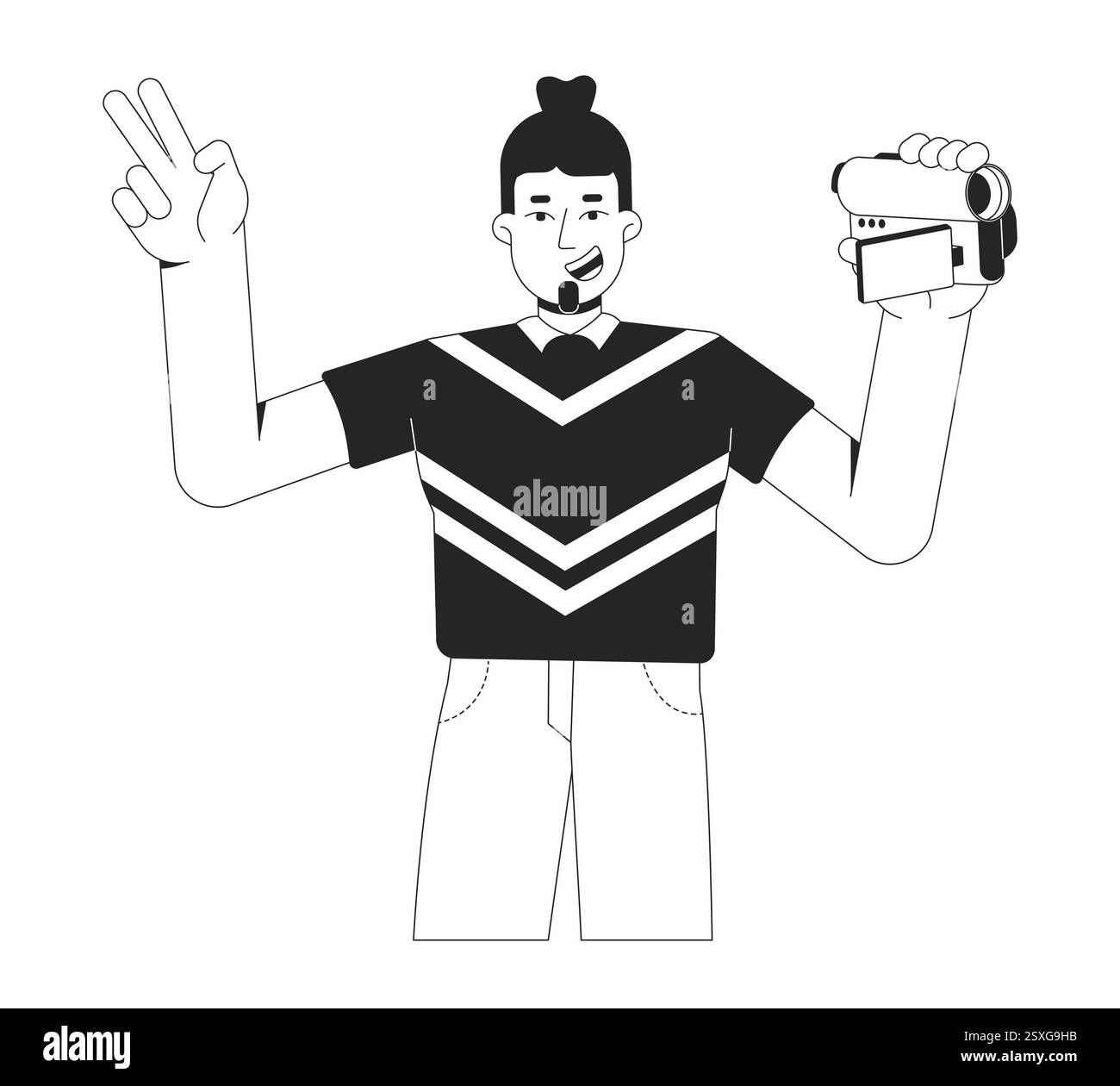 Bearded man holding vintage camcorder and making peace sign black and white 2D line character ...