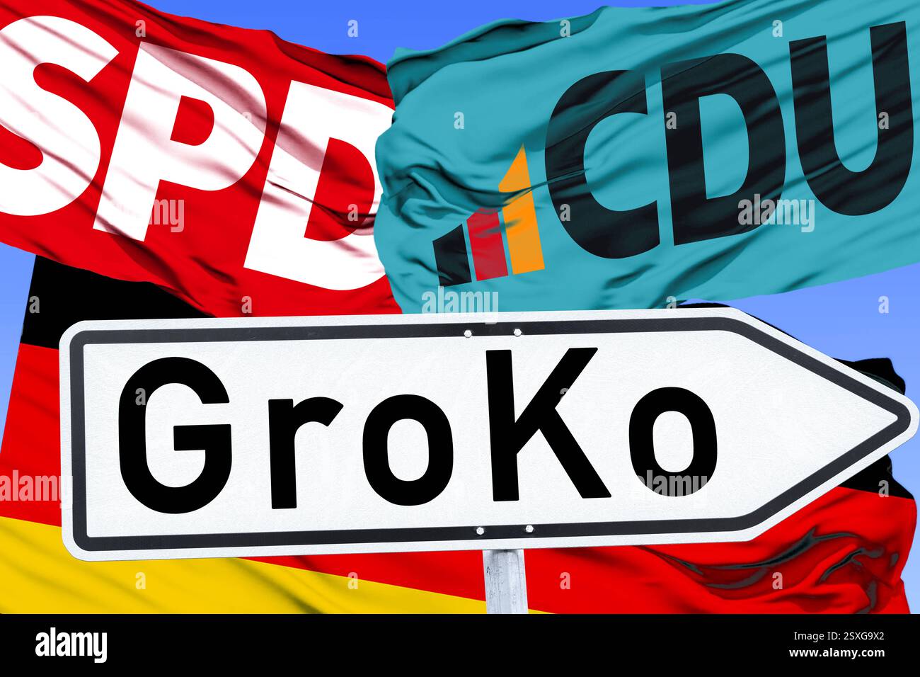 Bavaria, Germany - 24 February 2025: FOTOMONTAGE, the GroKo sign with ...