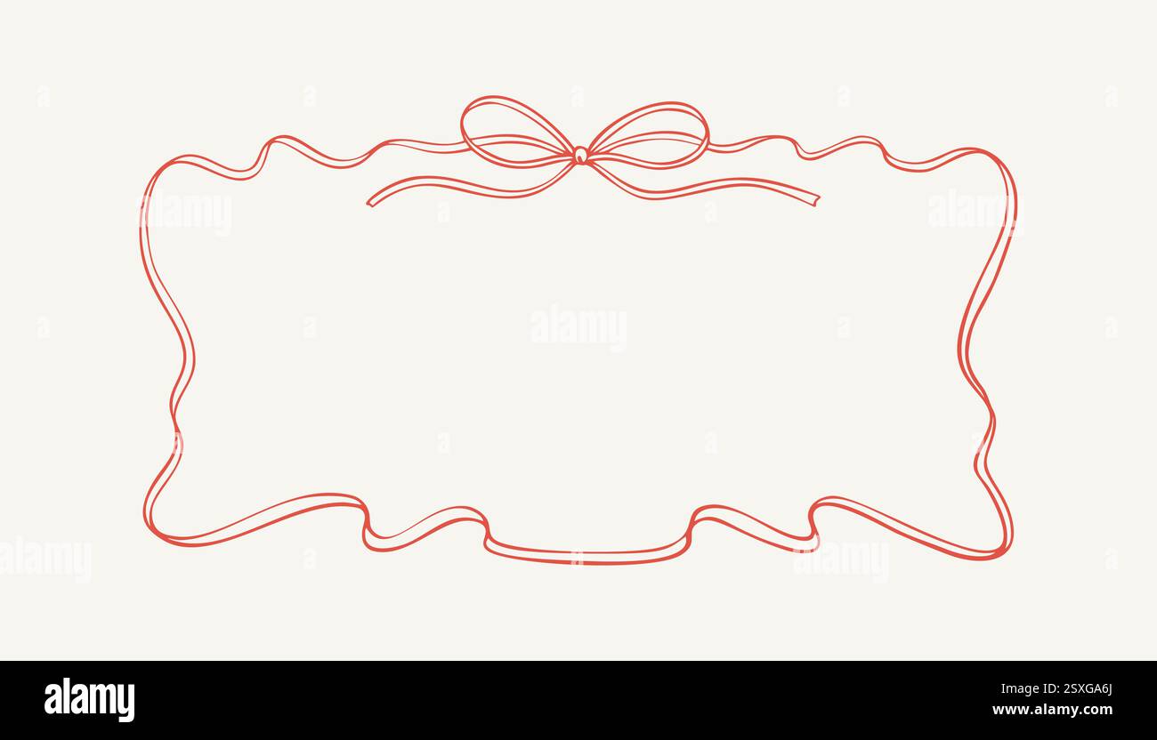 Horizontal rectangle bow ribbon frame. Hand drawn cute line doodle ...
