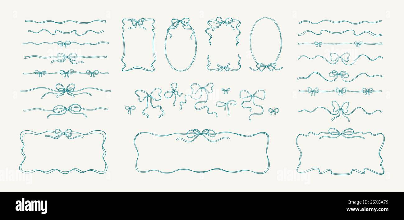 Set of bow ribbon blue whimsical bows, rectangle and oval ribbon wavy ...