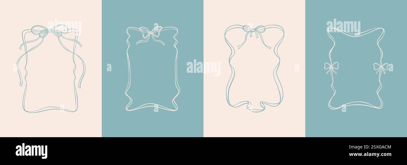 Set of rectangle blue ribbon frames with cute bows. Filigree wavy ...
