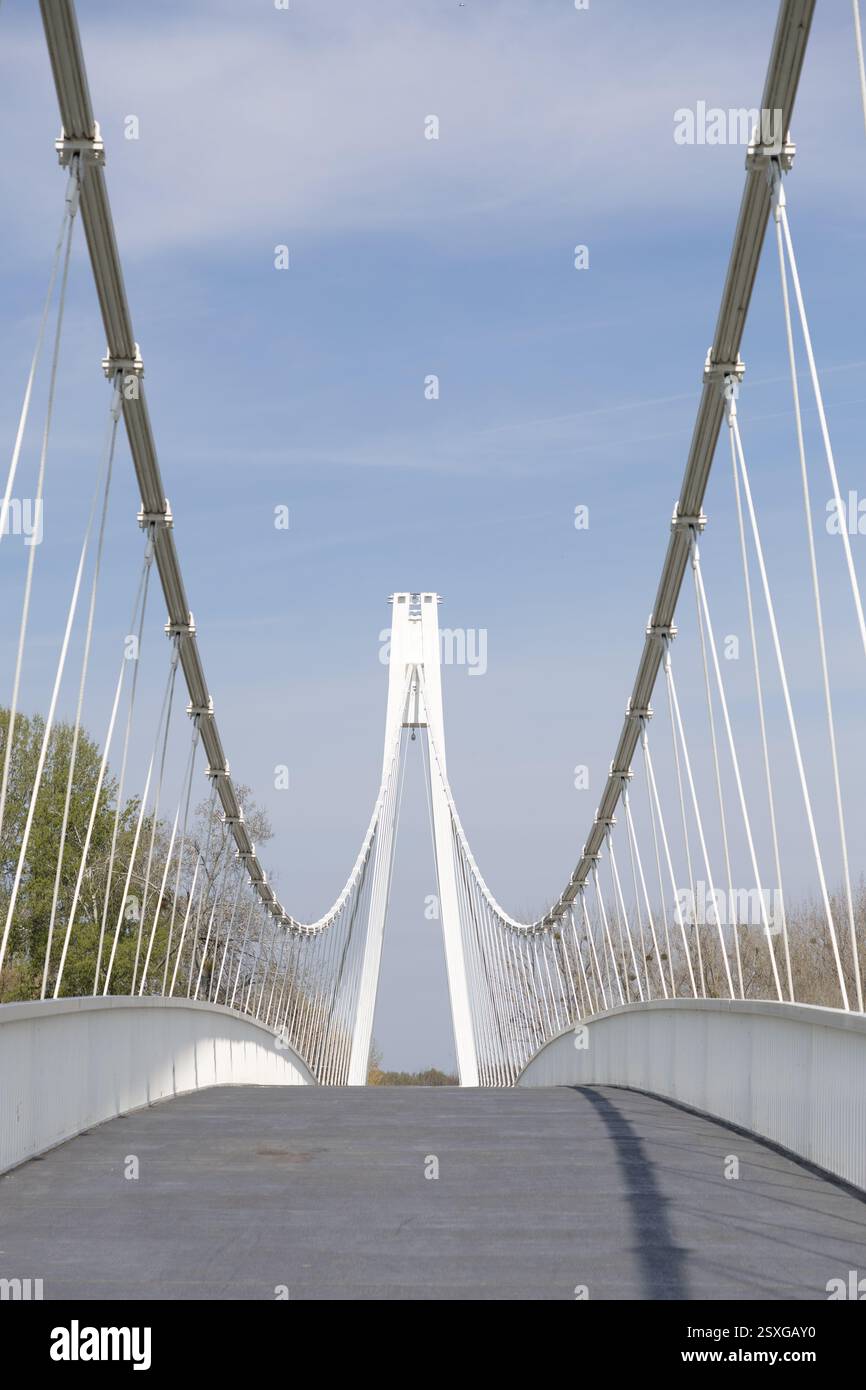 Pedestrian bridge over the Drava river and skyline of city of Osijek ...