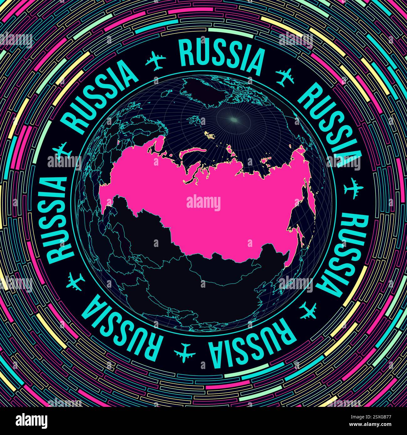 Russia on globe. Satellite view of the world centered to Russia. Bright ...