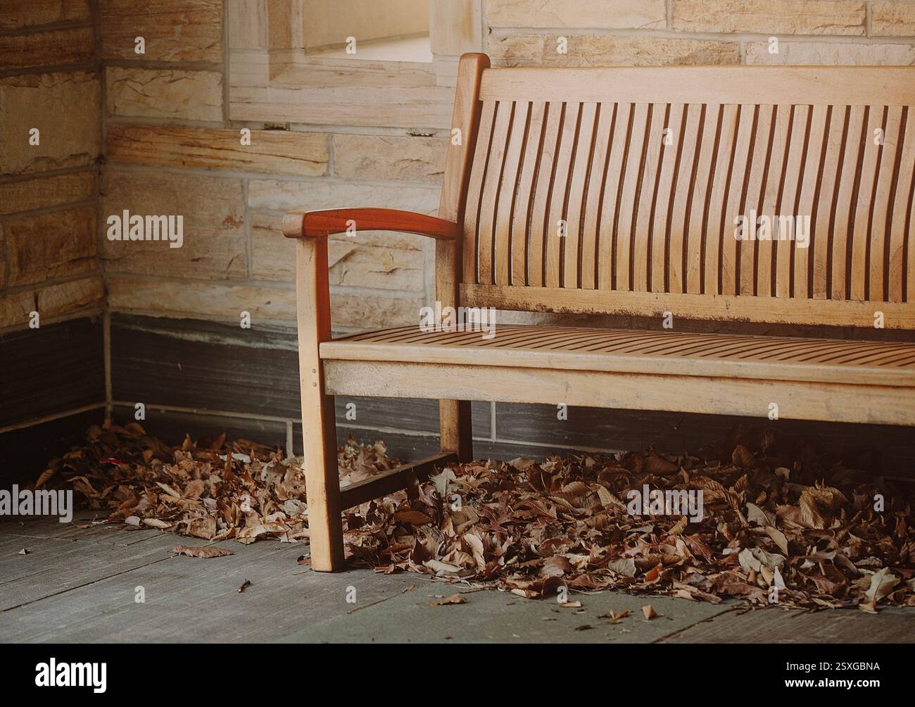 Part of a wooden bench with shriveled fall foliage against a stone wall ...