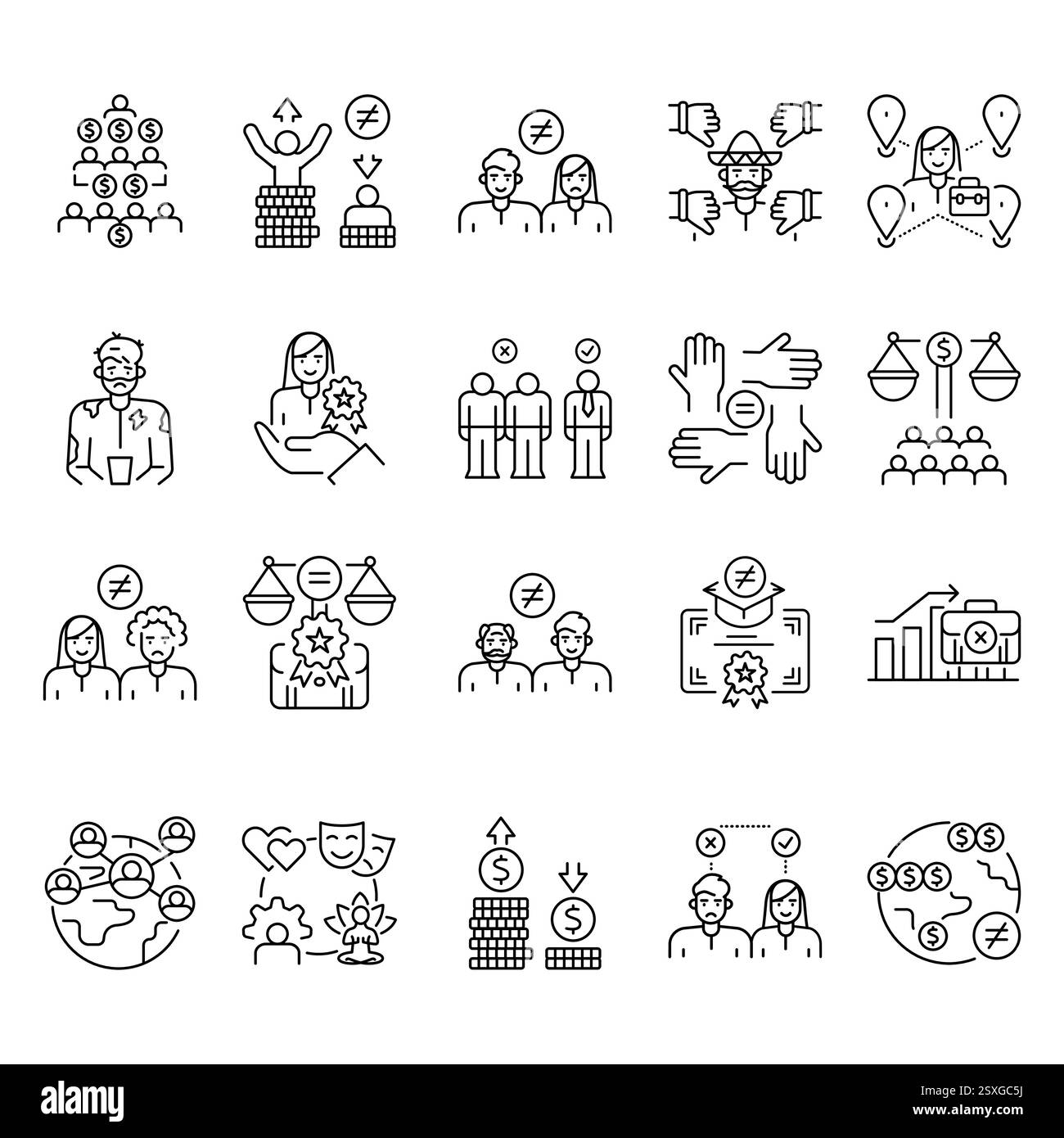 Social inequality black line icons set. Vector isolated element. Social inequality editable ...