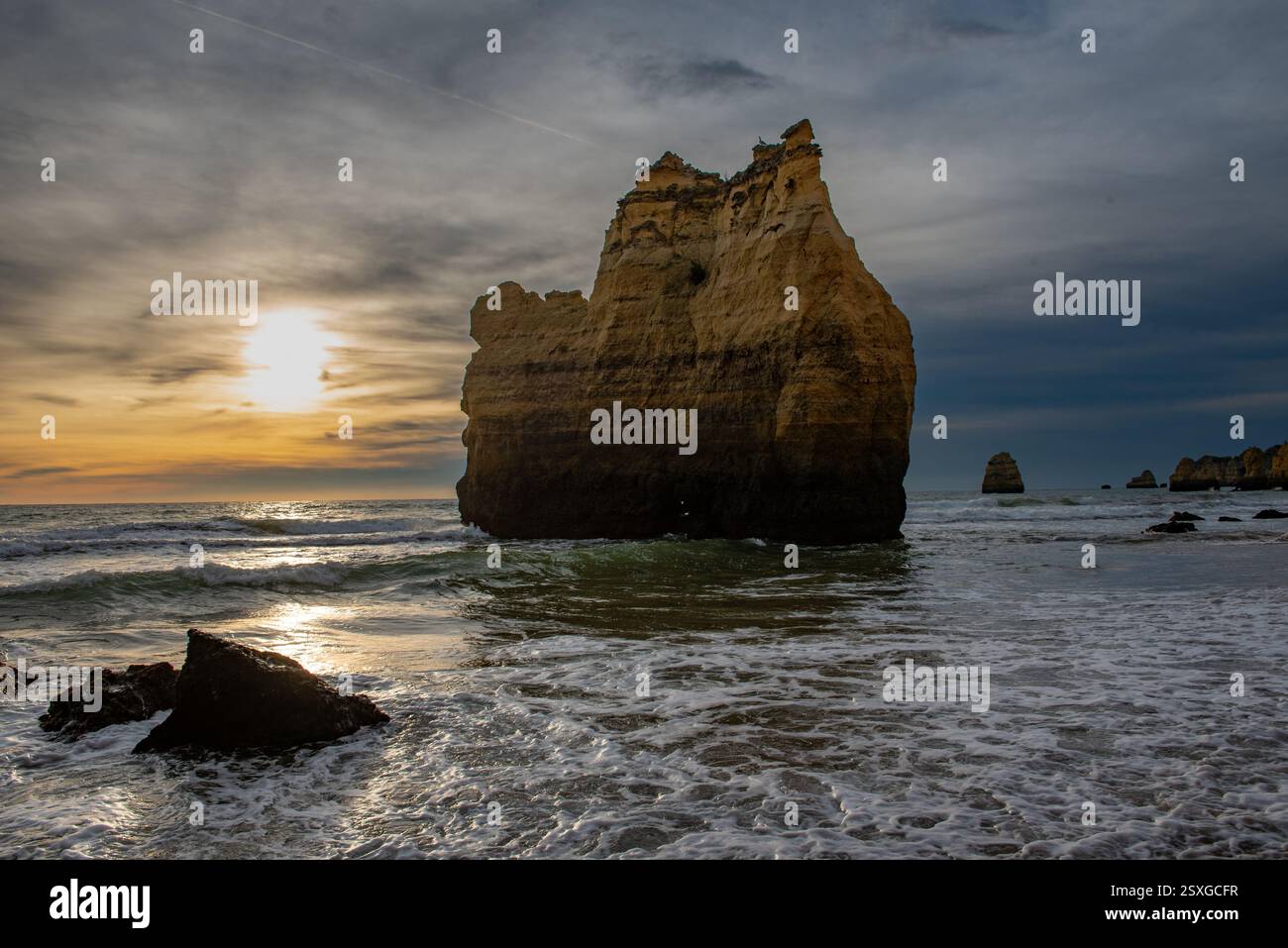 Beach in morning at Praia Da Bata in Lagos Portugal with morning sun ...
