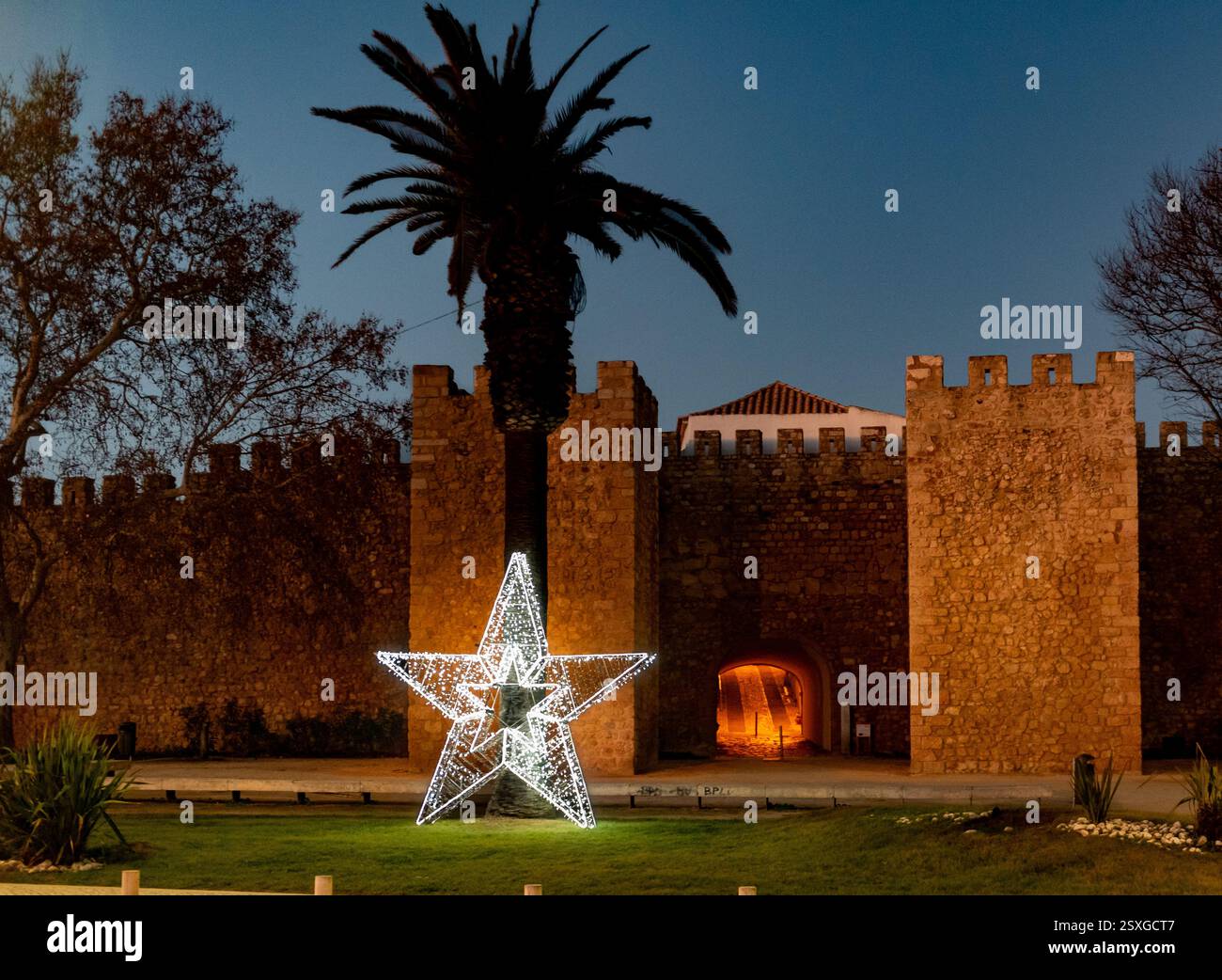 closeup of entrance arch of the Castelo de Lagos, Castle of Lagos, at ...