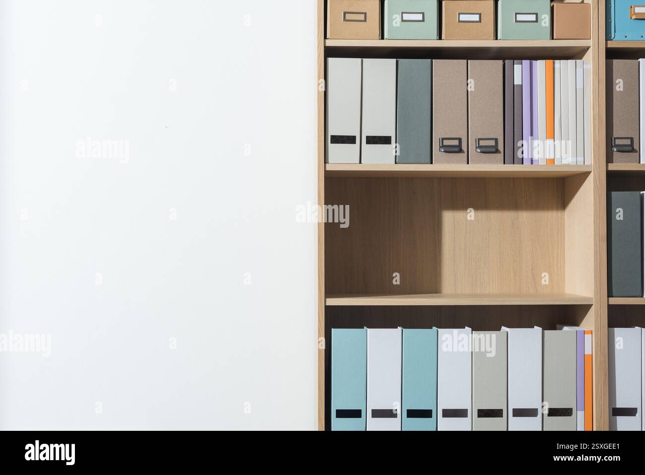 Office interior with tidy bookcase and blank wall, storage and archive ...