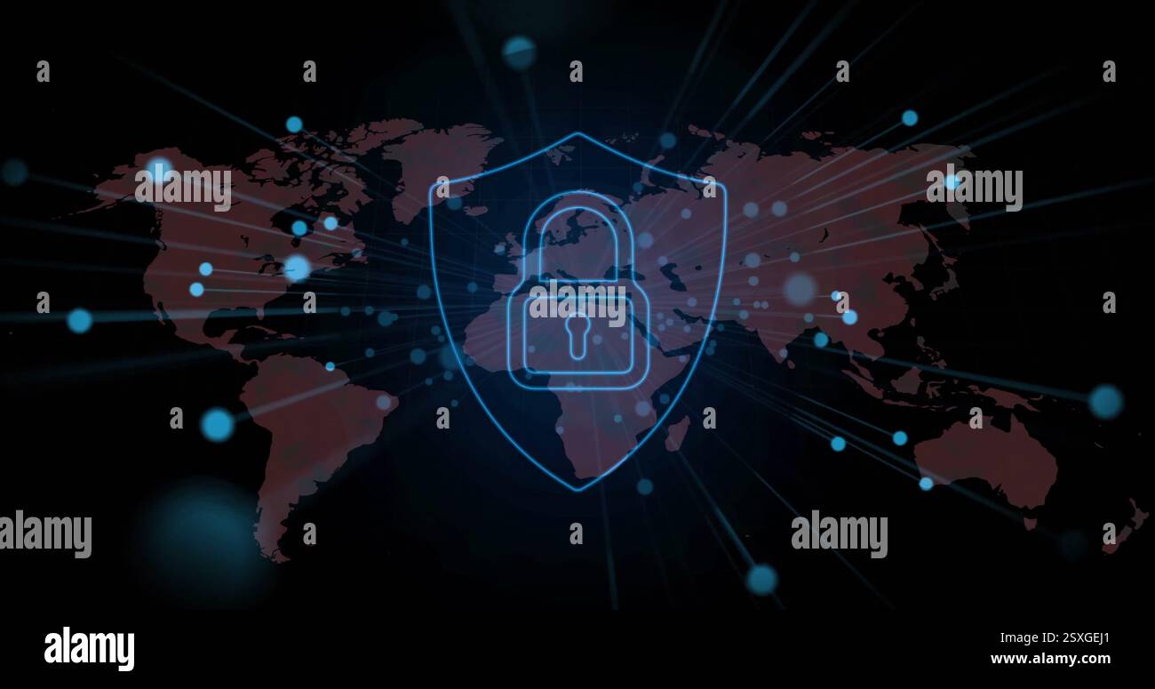 Image of padlock icon and digital data processing over world map Stock ...