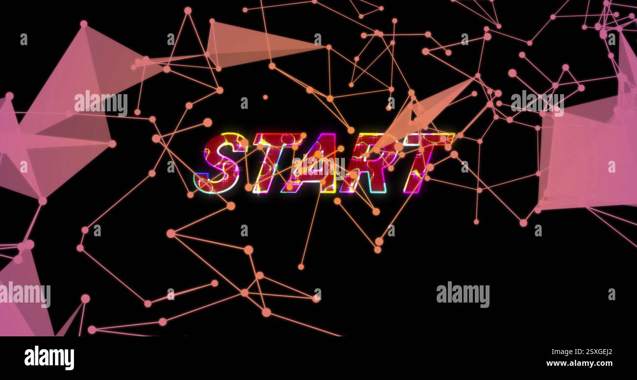 Image of network of connections over colourful start text on black ...