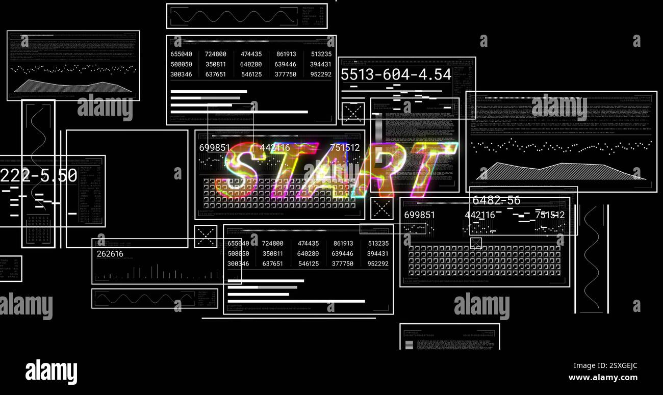 Image of data processing over colourful start text on black background ...