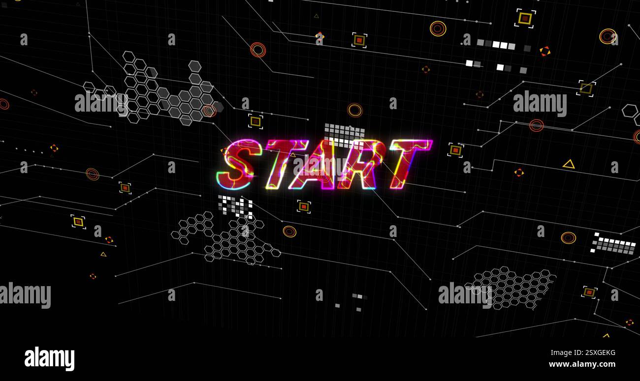Image of data processing over colourful start text on black background ...