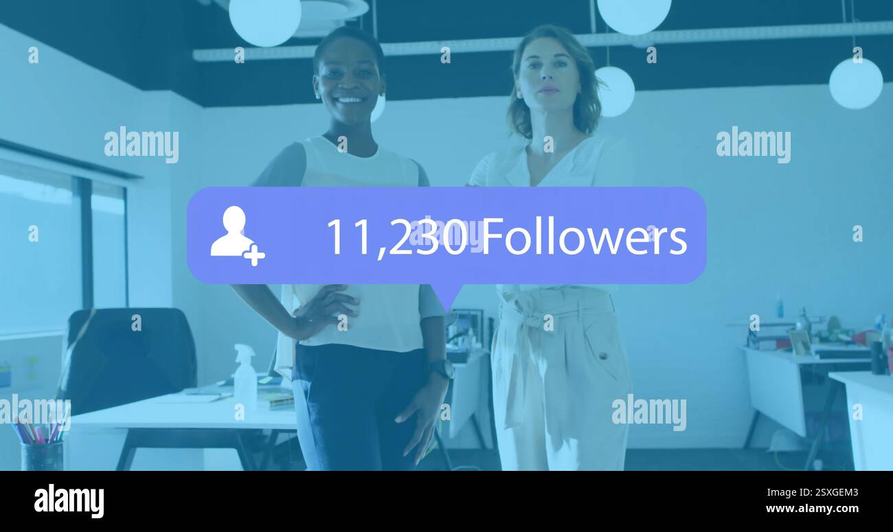 Image of followers number over diverse female colleagues in office ...