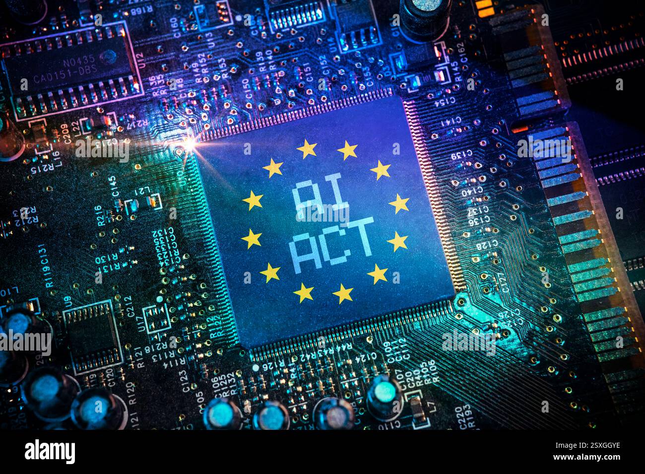 FOTOMONTAGE, Computerchip mit Europa-Fahne und Aufschrift AI Act, KI-Verordnung *** PHOTOMONTAGE ...