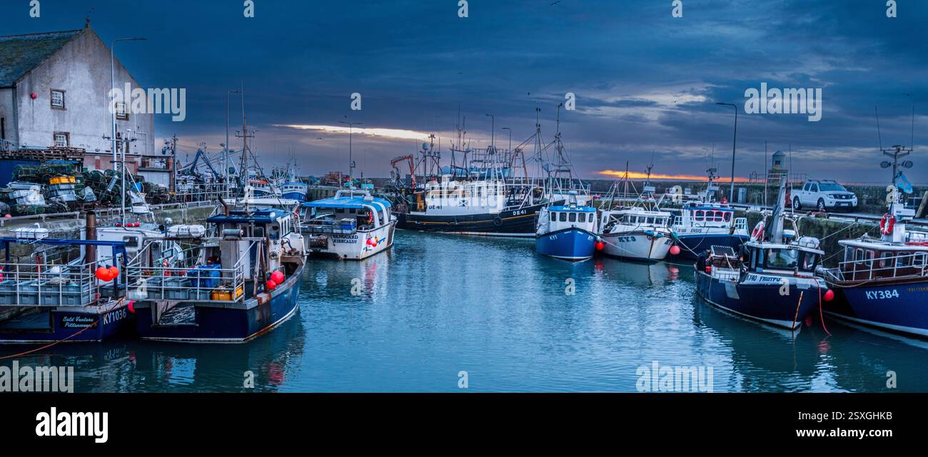 First light just before dawn in the fishing harbour at Pittenweem, Fife ...