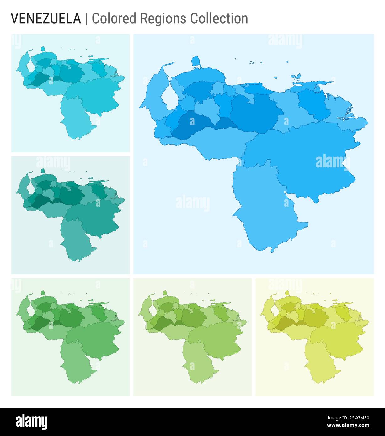 Venezuela map collection. Country shape with colored regions. Light ...