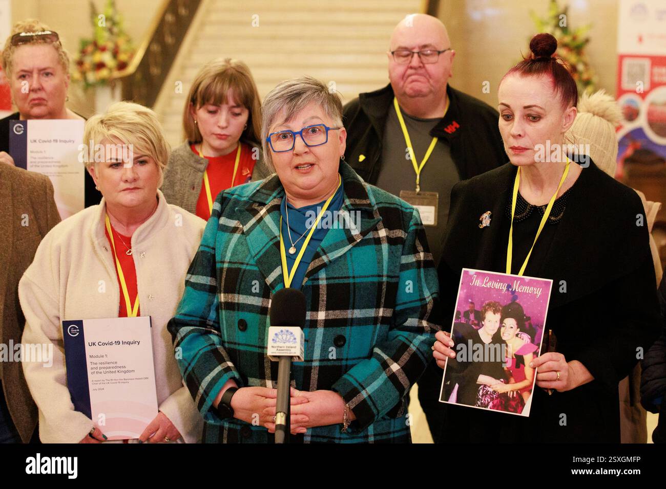 Brenda Doherty (centre) speaking to the media with members of the ...