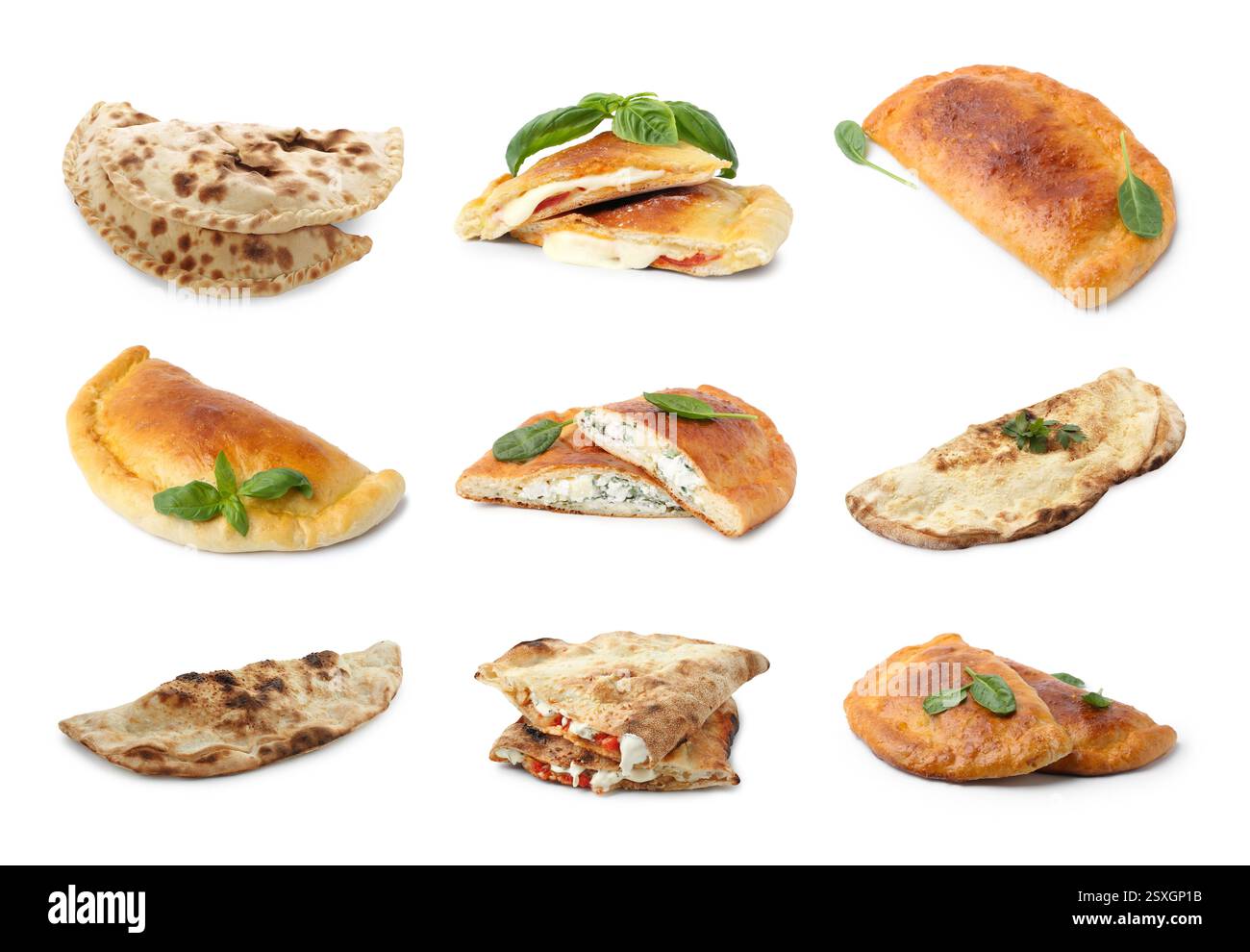 Different delicious calzones isolated on white, set Stock Photo - Alamy