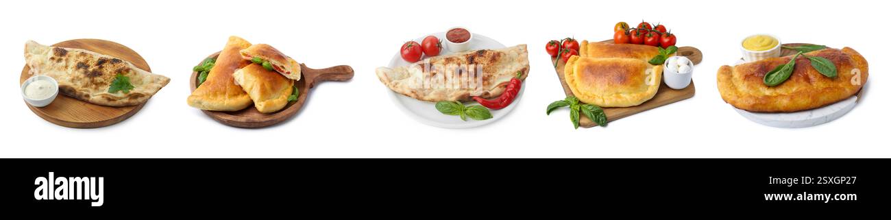 Different delicious calzones isolated on white, set Stock Photo - Alamy