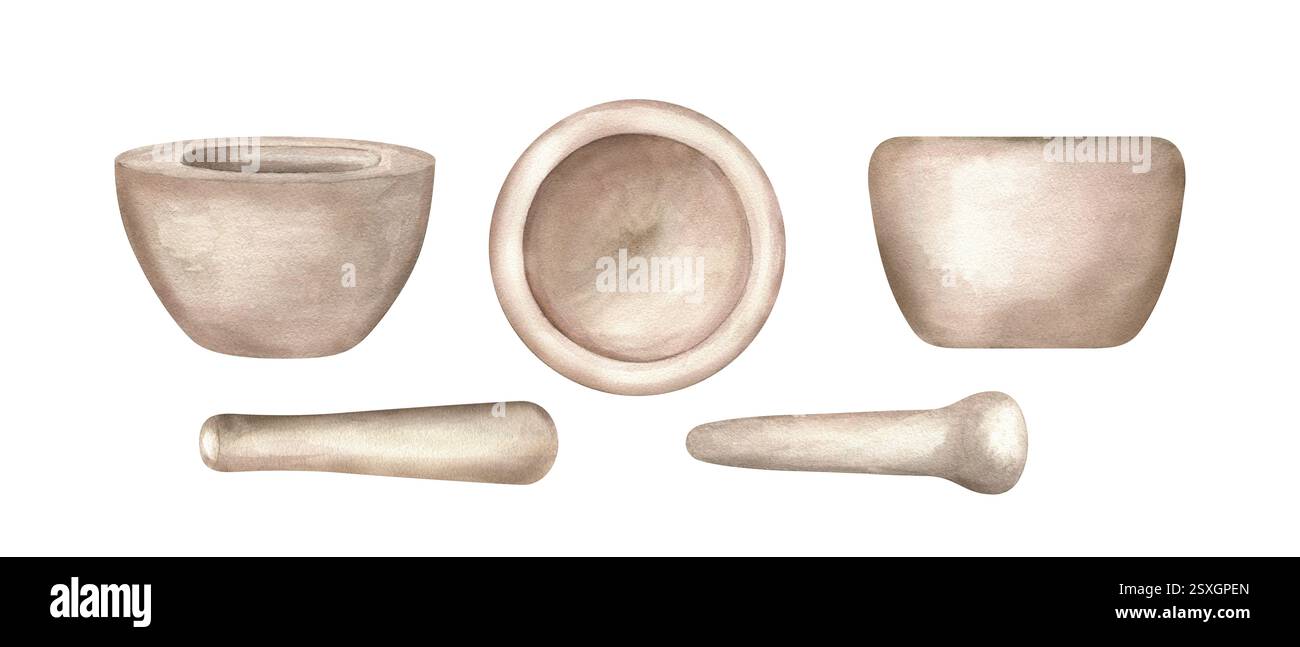 Watercolor empty granite mortars with pestles clip art illustration ...