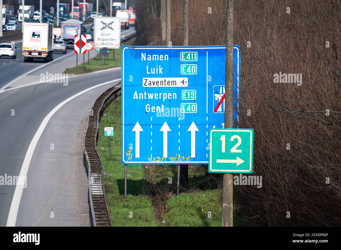 Blue direction signs towards majors cities at exit 12 of the Brussels ...